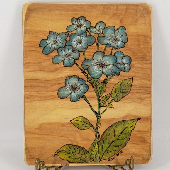 Artisan | Accents | Wood Wooden Burning Plaque Blue Forgetmenot Flowers ...